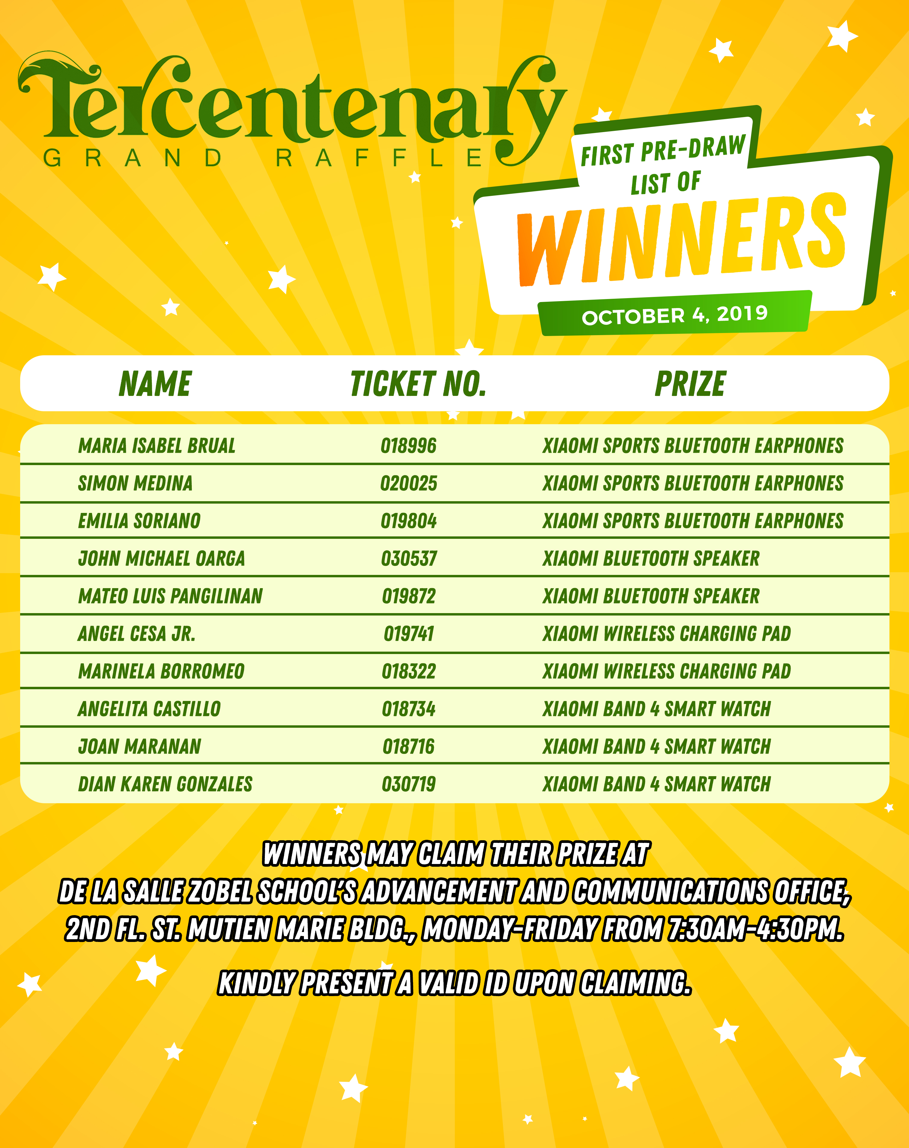 Tercentenary Pre draw Winners