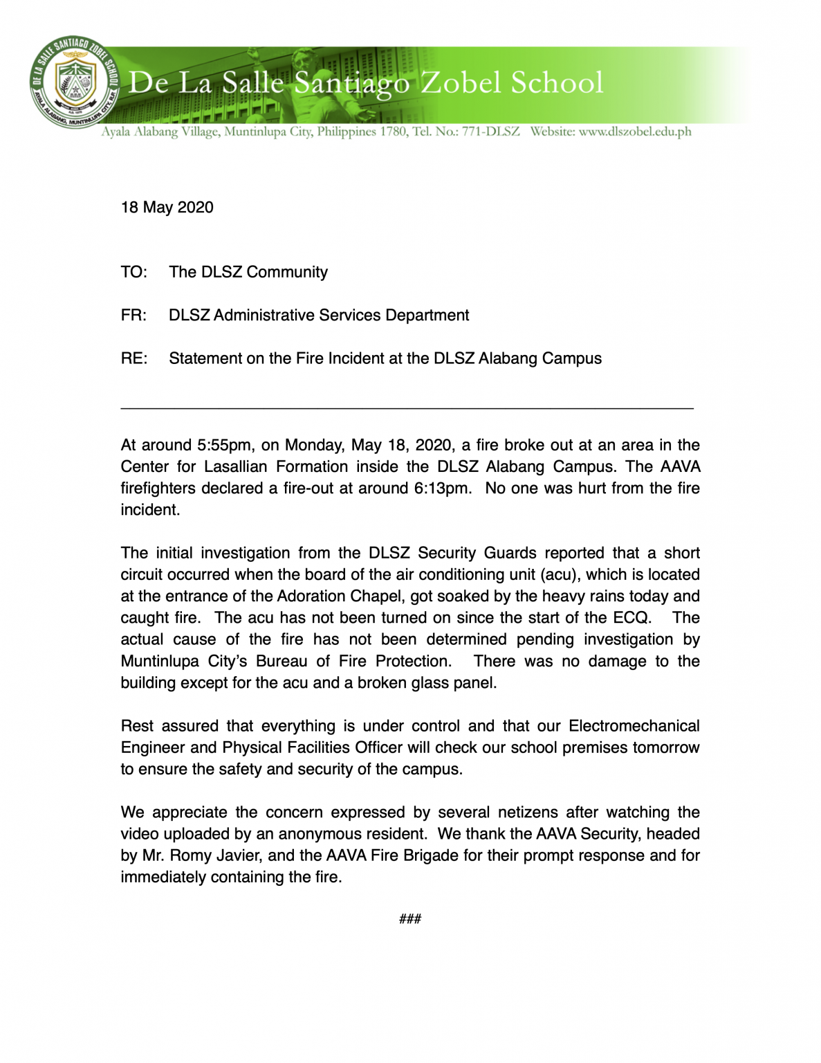Statement on the Fire Incident at the DLSZ Alabang Campus - De La Salle ...
