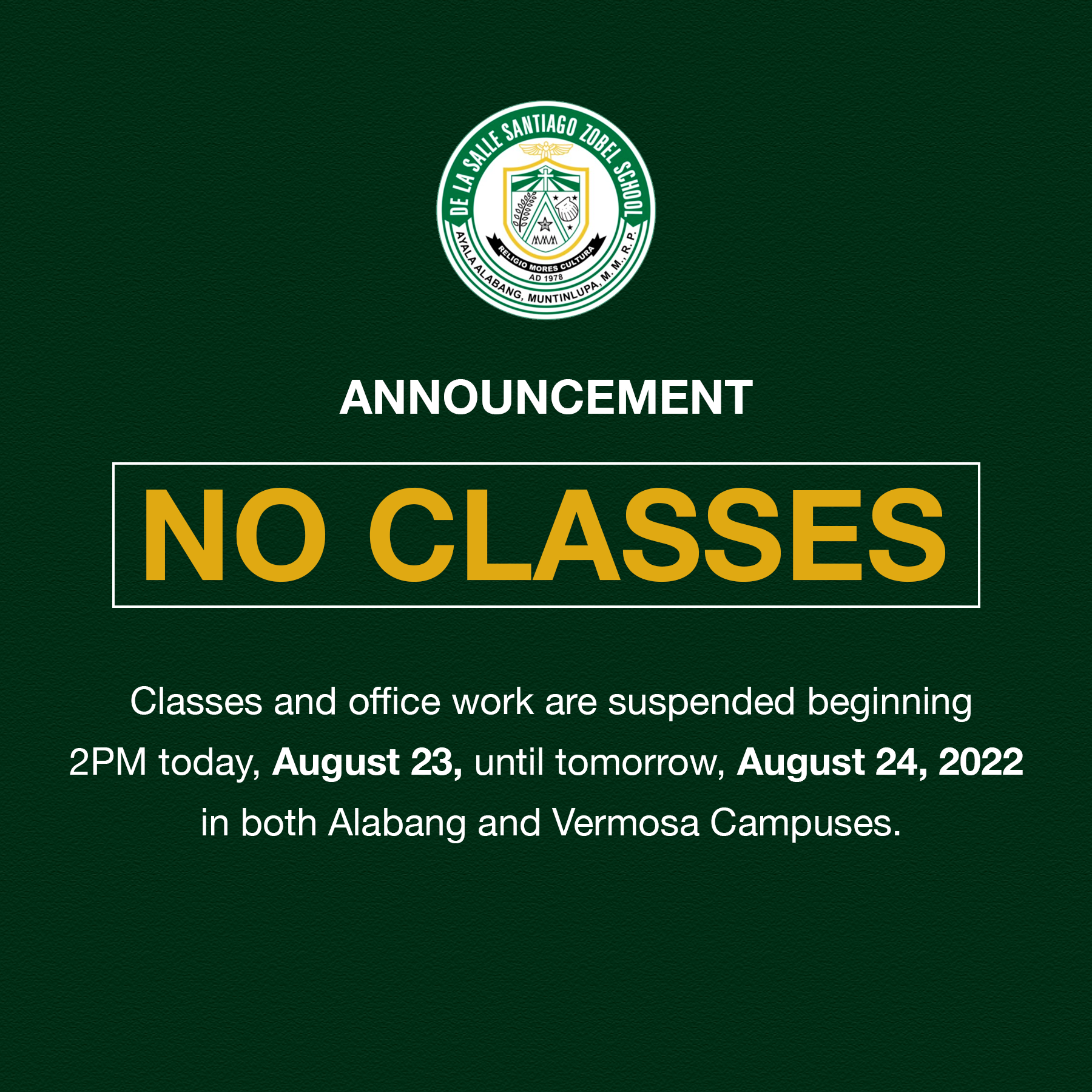 Class and work suspension, August 23-24, 2022 - De La Salle Santiago Zobel