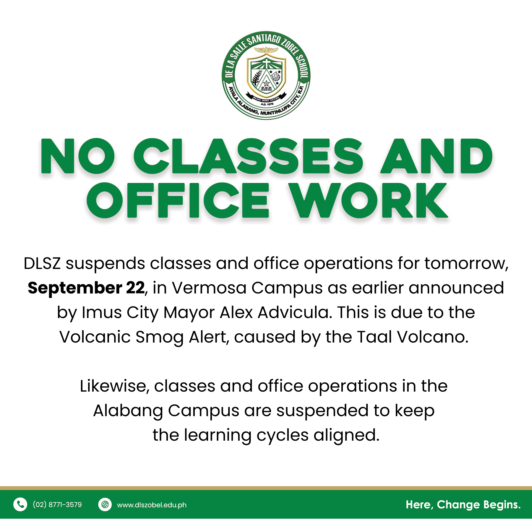 No classes and Office Operations, September 22 - De La Salle Santiago Zobel