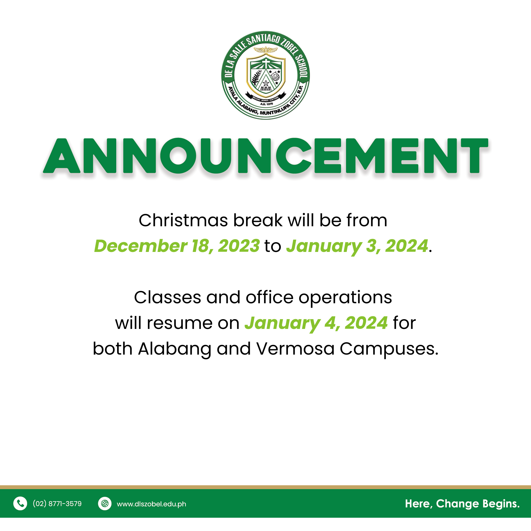 Christmas Break: Dec 18, 2023 - Jan 3, 2024 - De La Salle Santiago Zobel