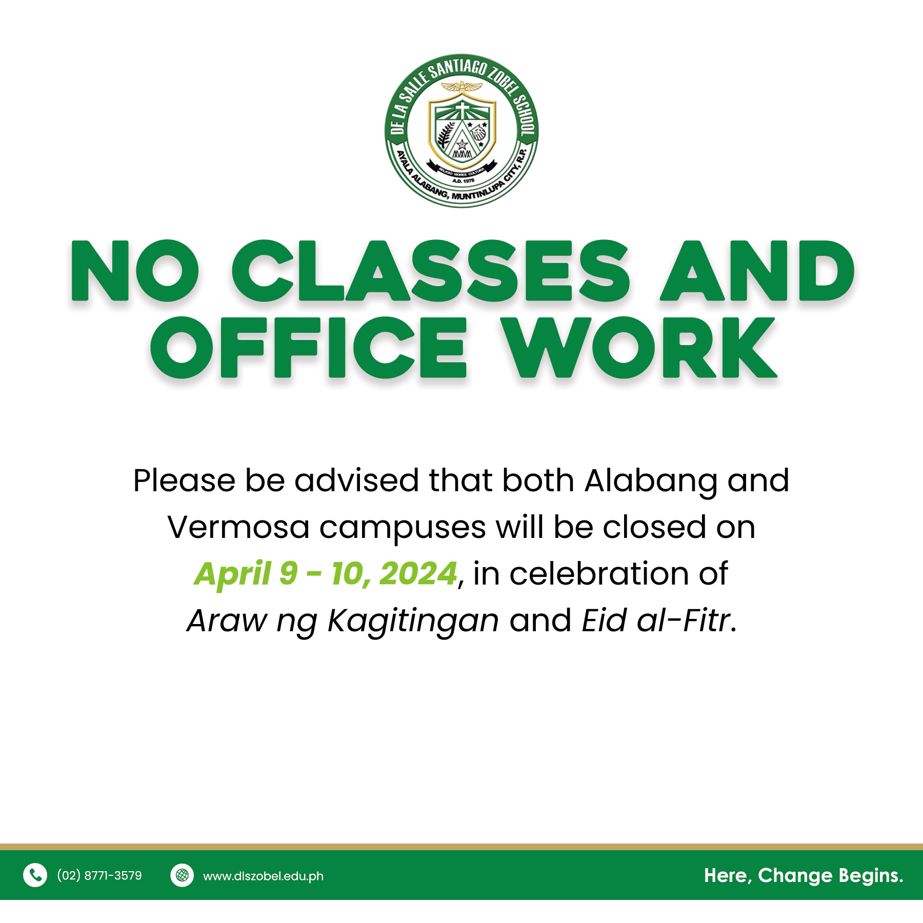 No Classes and Office Work, April 9-10 - De La Salle Santiago Zobel