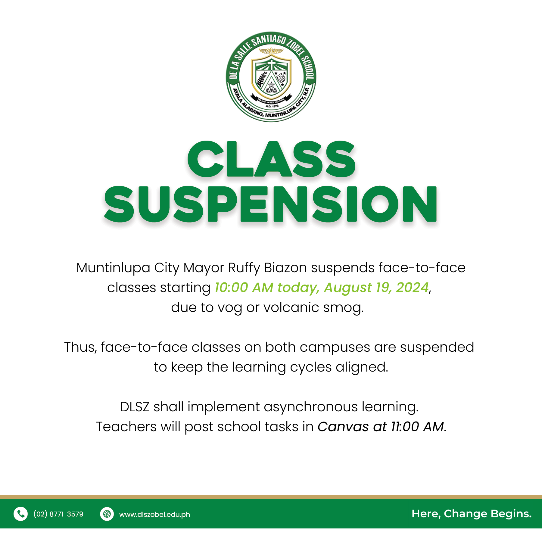 [Updated] Class Suspension, Aug 19 – De La Salle Santiago Zobel