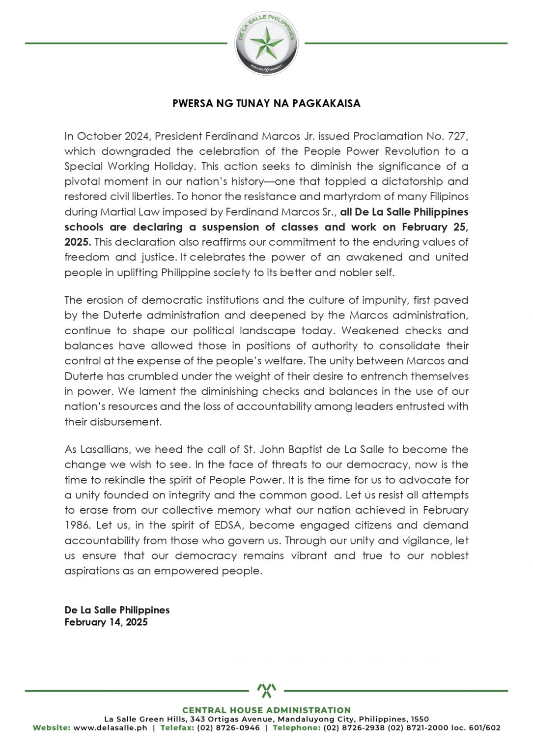 DLSP 39th EDSA Anniversary Statement: Pwersa ng Tunay na Pagkakaisa ...