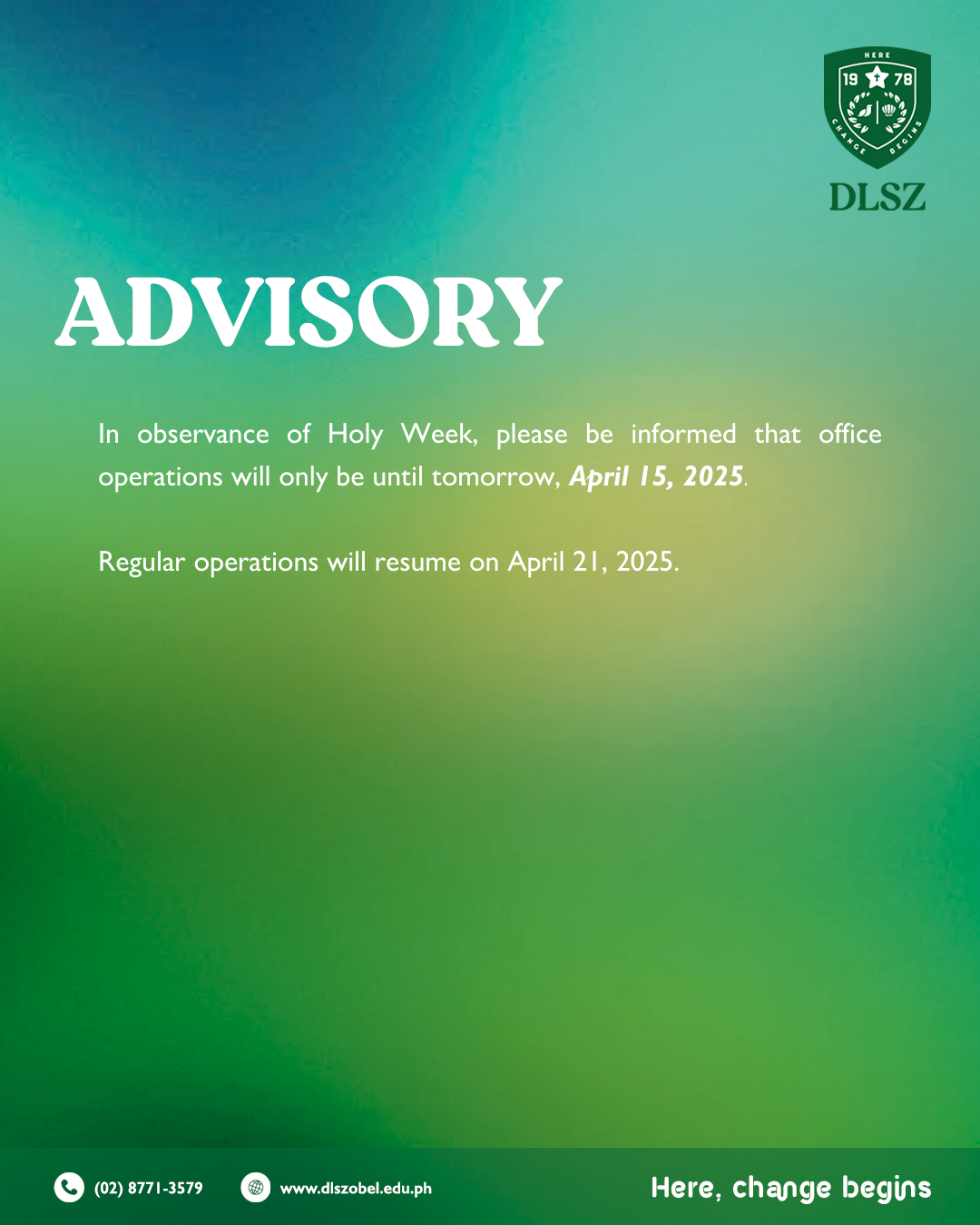 Holy Week Schedule Advisory – De La Salle Santiago Zobel