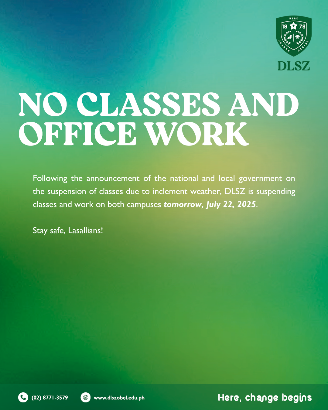 No Classes and Office Work, July 22 - De La Salle Santiago Zobel