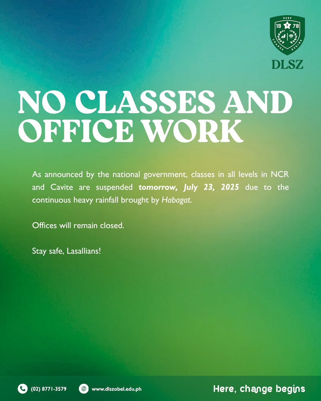 No Classes and Office Work, July 23 - De La Salle Santiago Zobel
