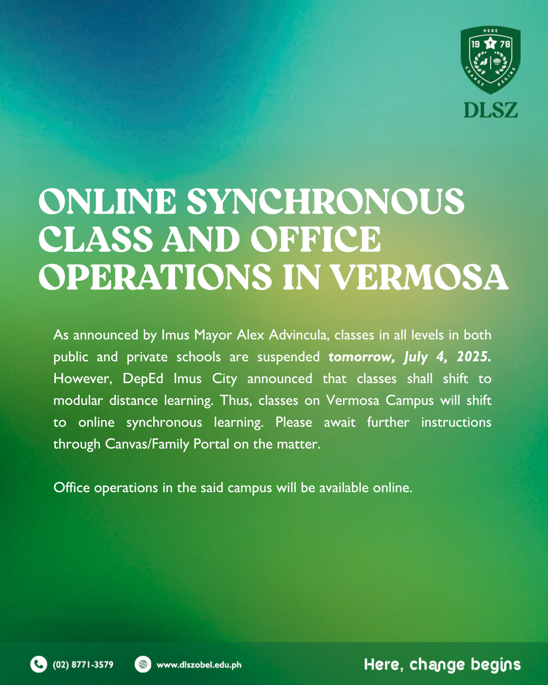 Online Synchronous Class and Office Operations in Vermosa, July 4 – De La Salle Santiago Zobel